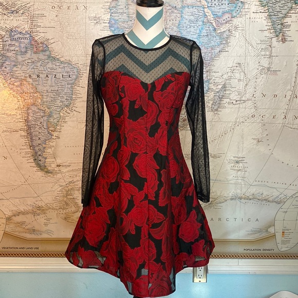 Guess | Dresses | Guess Cocktail Dress Mesh Lace And Red Roses | Poshmark